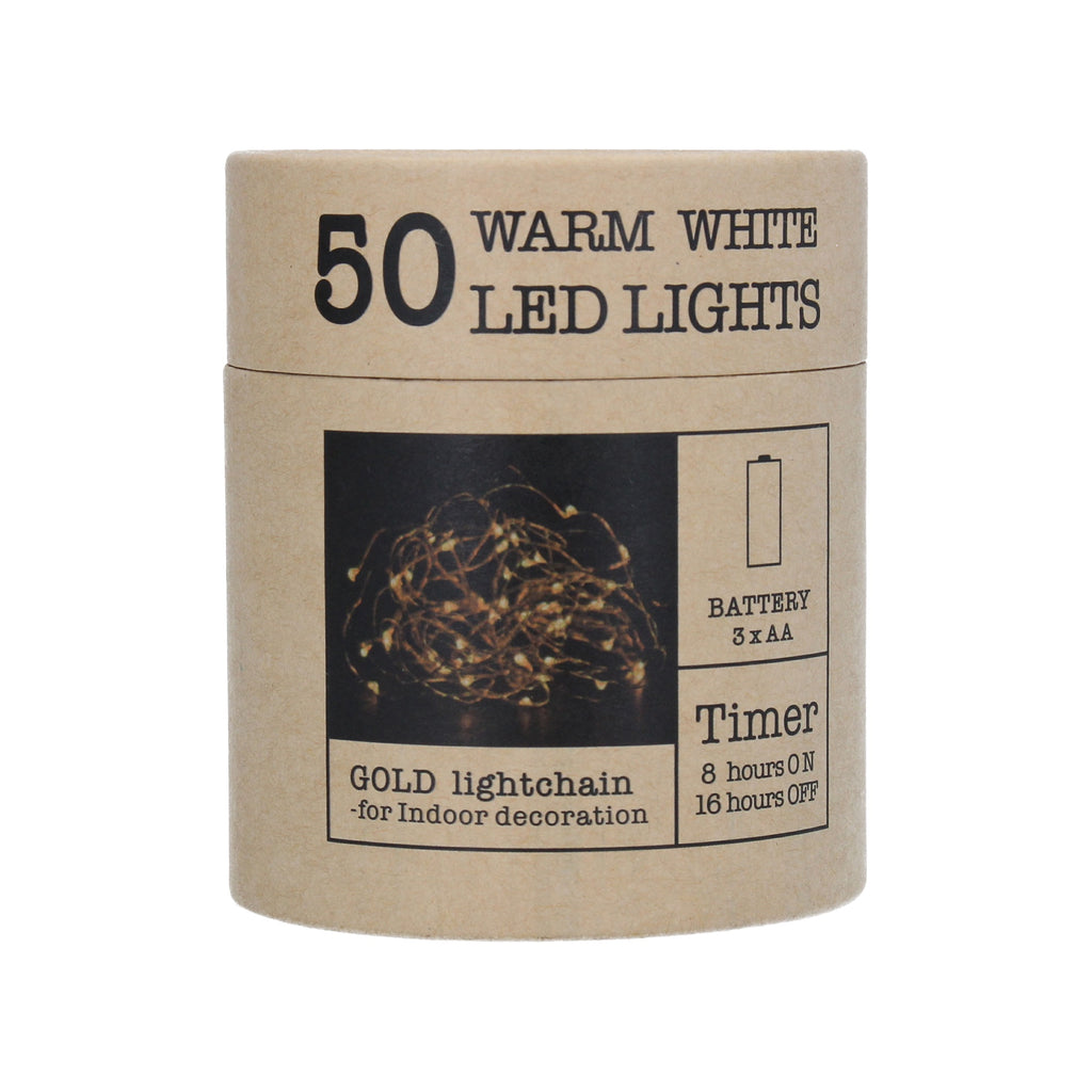 Fairy Lights: Battery Operated Wire 50 LED GOLD Lightchain - Warm Whit ...